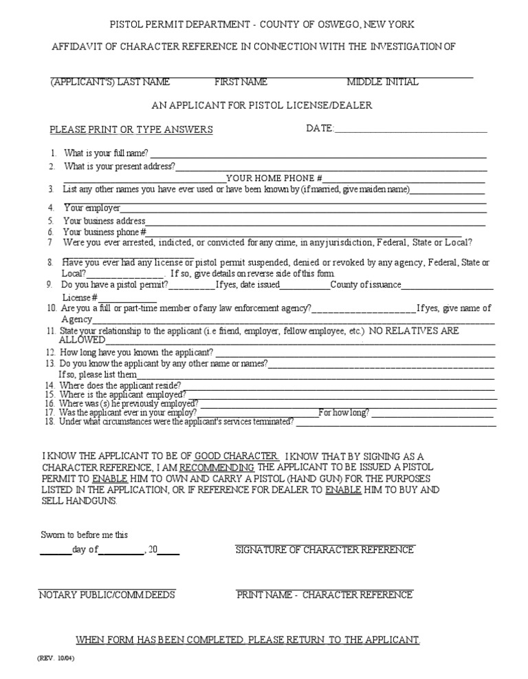 Blank Character Ref Form For Oswego County Pistol Permit | PDF | Notary ...