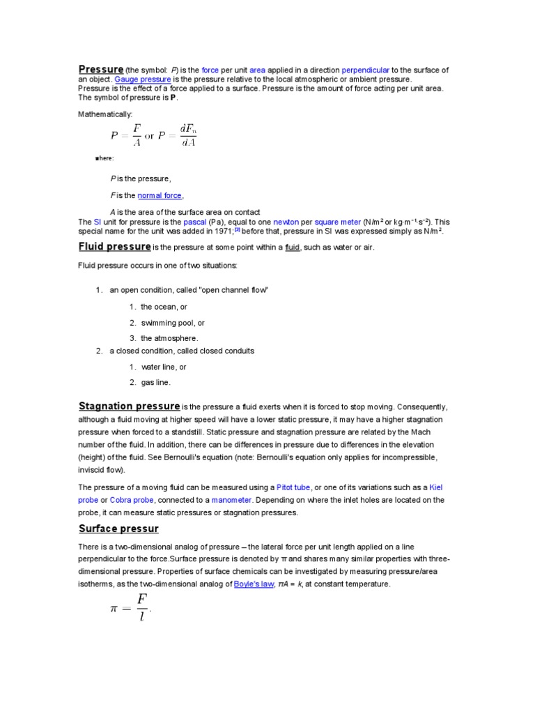 Pressure: Force Area Perpendicular Gauge Pressure | PDF | Pressure ...