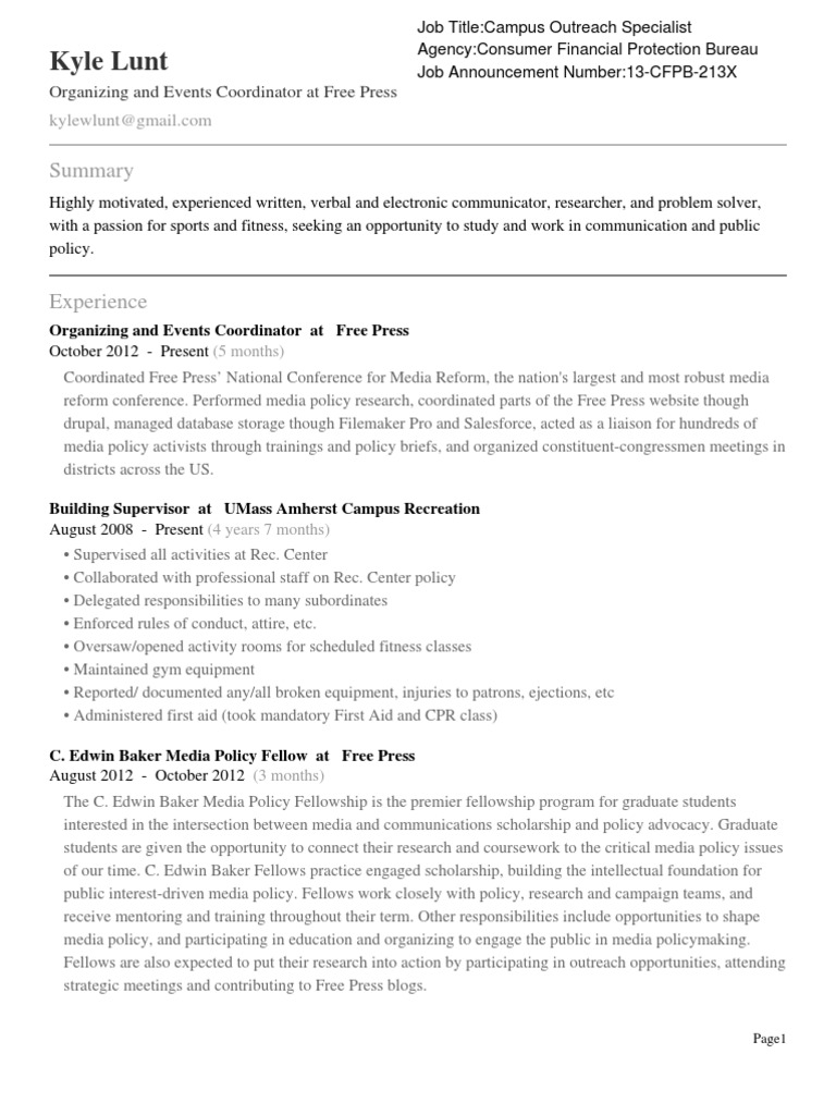 Kyle Lunt: Organizing and Events Coordinator at Free Press | PDF ...
