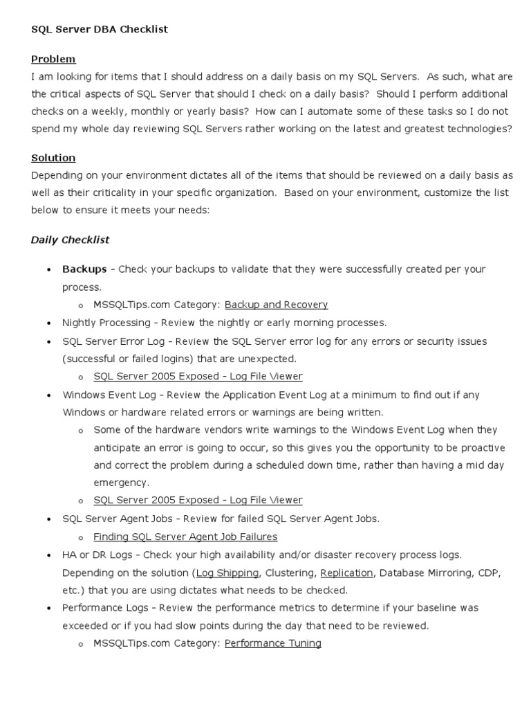 Sql Server Dba Checklist Ok Pdf Sql Backup 