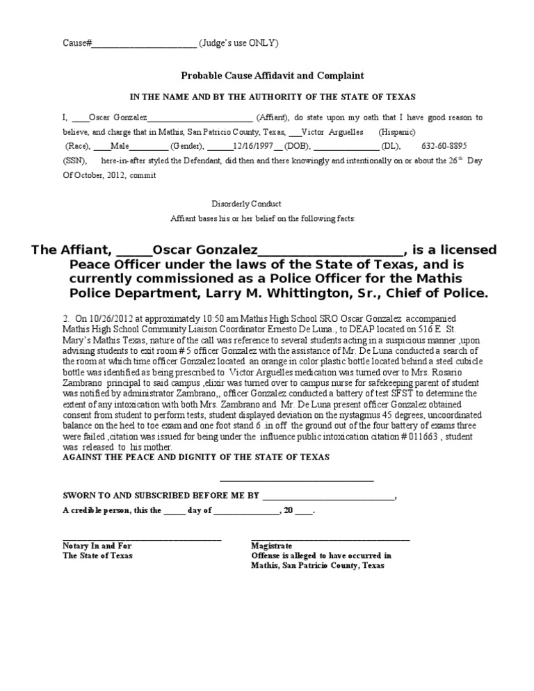 Probable Cause Affidavit and Complaint | PDF | Affidavit | Texas