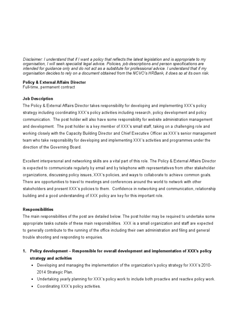 Policy External Affairs Director 2010 Job Description | PDF | Board Of ...
