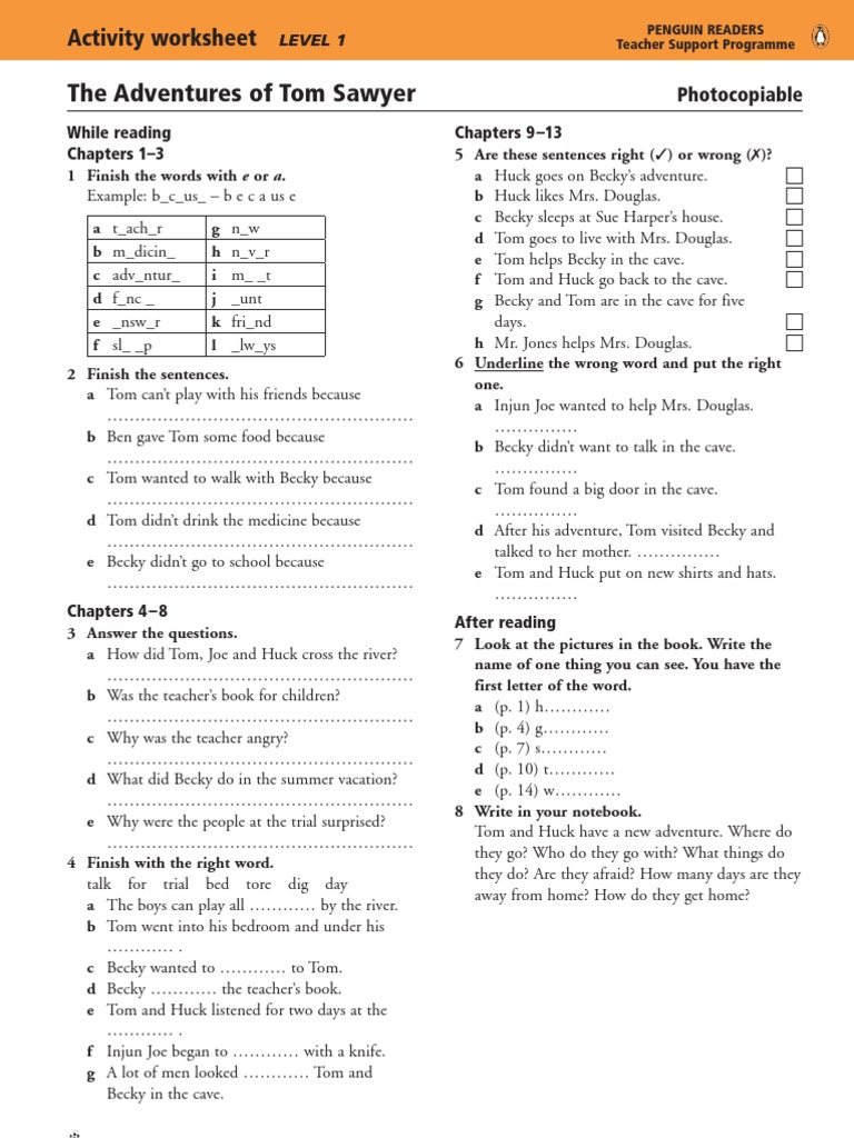 The Adventures of Tom Sawyer: Activity Worksheet | PDF | Language Arts ...