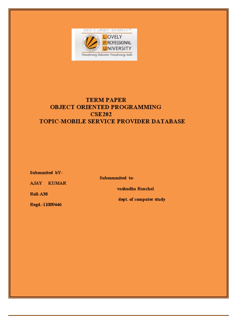 Term Paper Object Oriented Programming CSE202 Topic-Mobile Service ... Term Paper Object Oriented Programming CSE202 Topic-Mobile Service ...