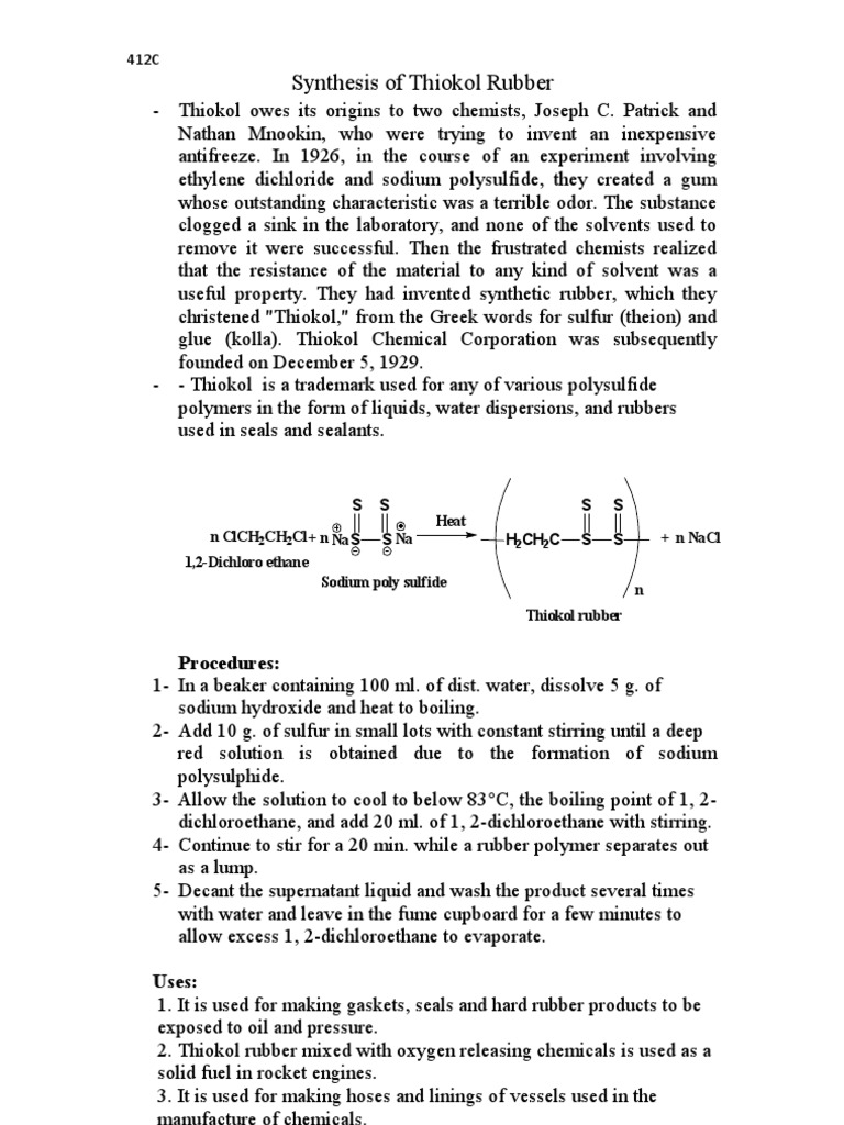 Synthesis of Thiokol Rubber 412C | PDF