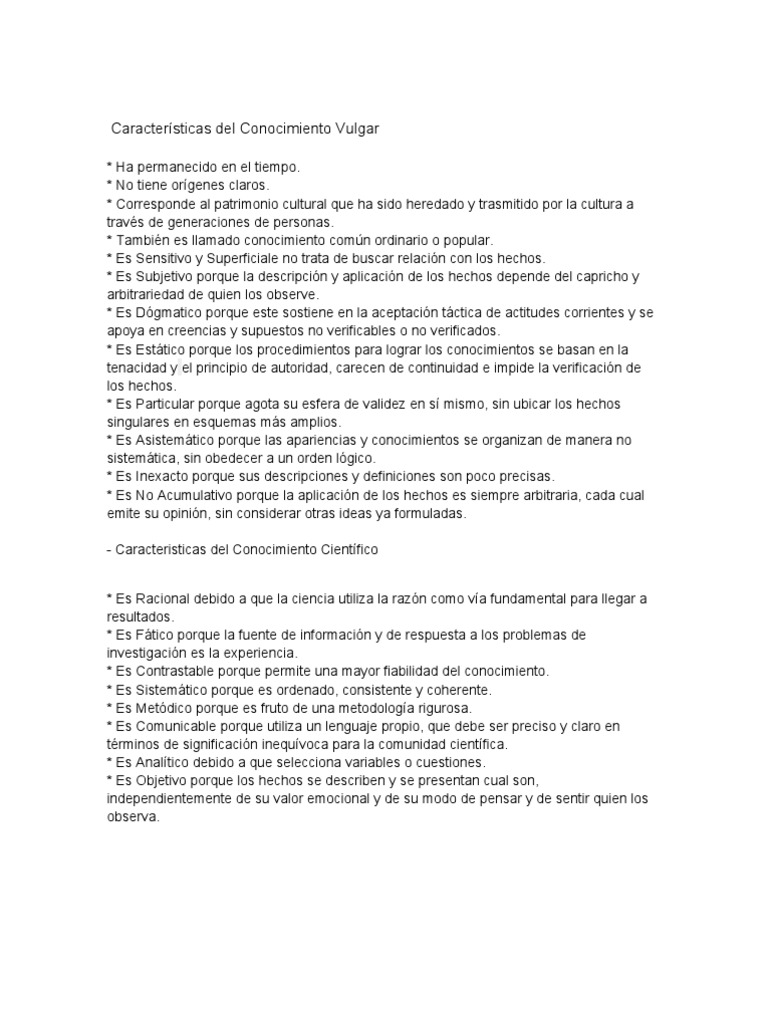 Características Del Conocimiento Vulgar | PDF | Método científico | Conocimiento
