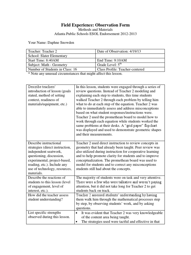 Teacher Observation: Geometry Lesson Insights | PDF | Teachers ...