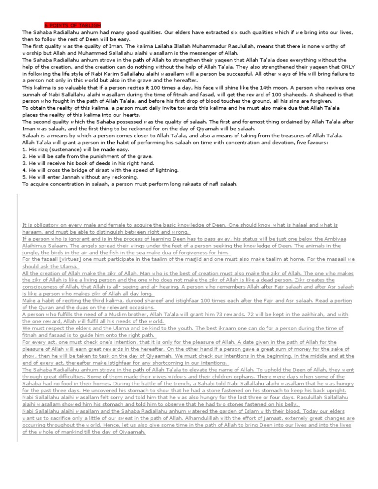 6 Points of Tabligh | PDF | Sahabah | Abrahamic Religions