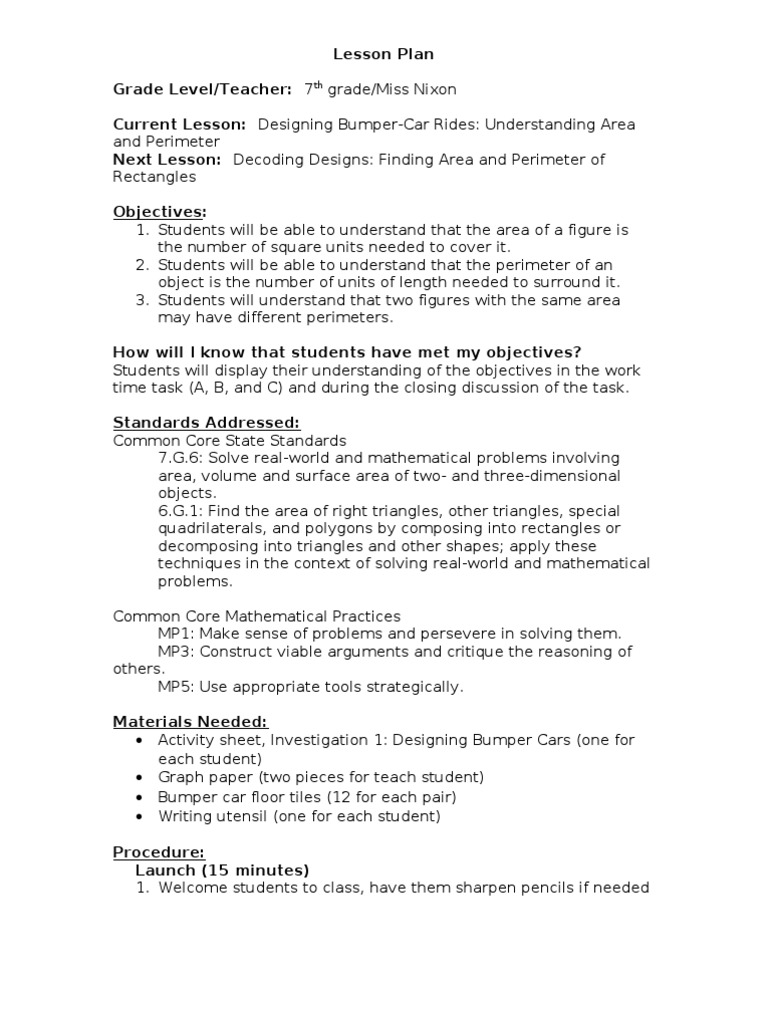 Bumper-Car Ride Design Lesson Plan | PDF | Rectangle | Cognition