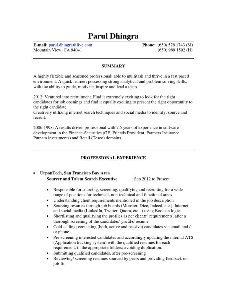 Parul Dhingra Recruiter Sourcer Resume Apr 2013 Bay Area, California ...