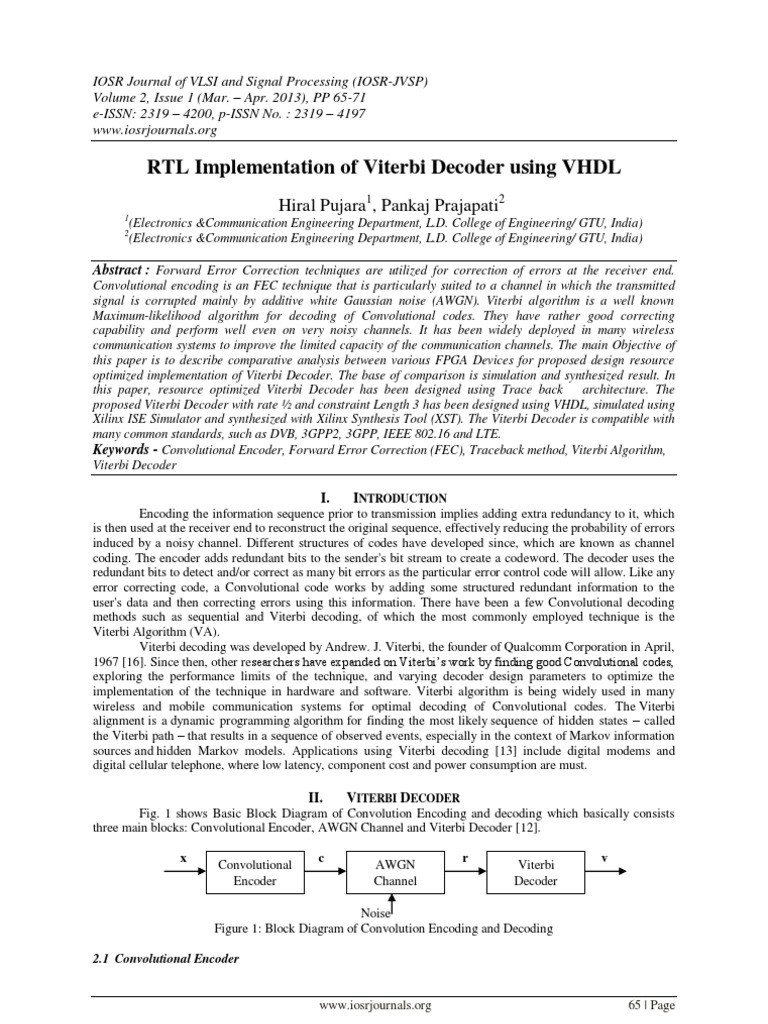 RTL Implementation of Viterbi Decoder Using VHDL: Hiral Pujara, Pankaj Prajapati | PDF ...