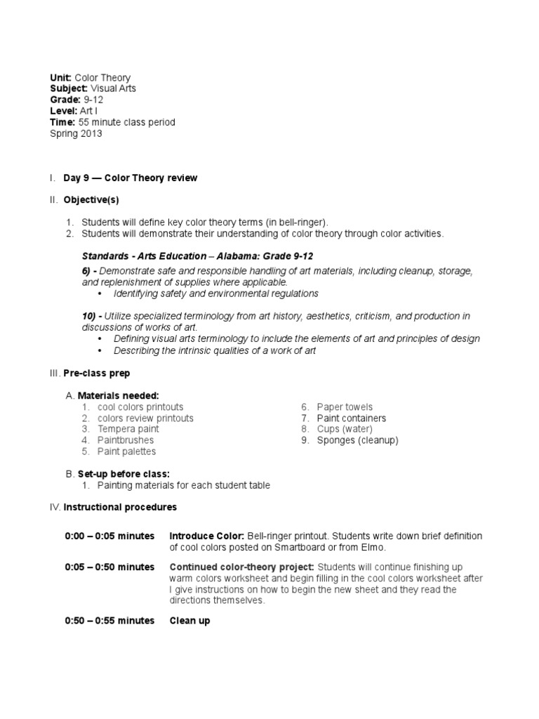 Unit: Color Theory Subject: Visual Arts Grade: 9-12 Level: Art I Time ...