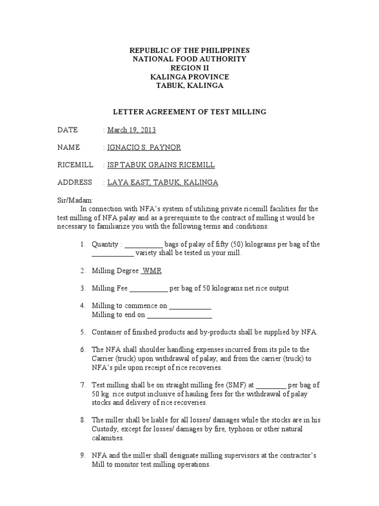 Test Milling Agreement for Kalinga Rice | PDF