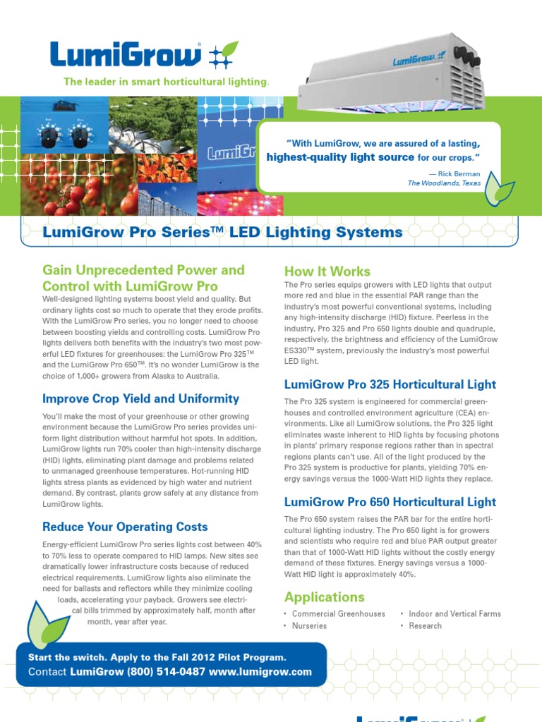 LumiGrow Pro SpecSheet | PDF | Lighting | Light Emitting Diode