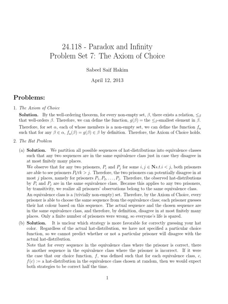 24.118 - Paradox and Infinity Problem Set 7: The Axiom of Choice | PDF ...
