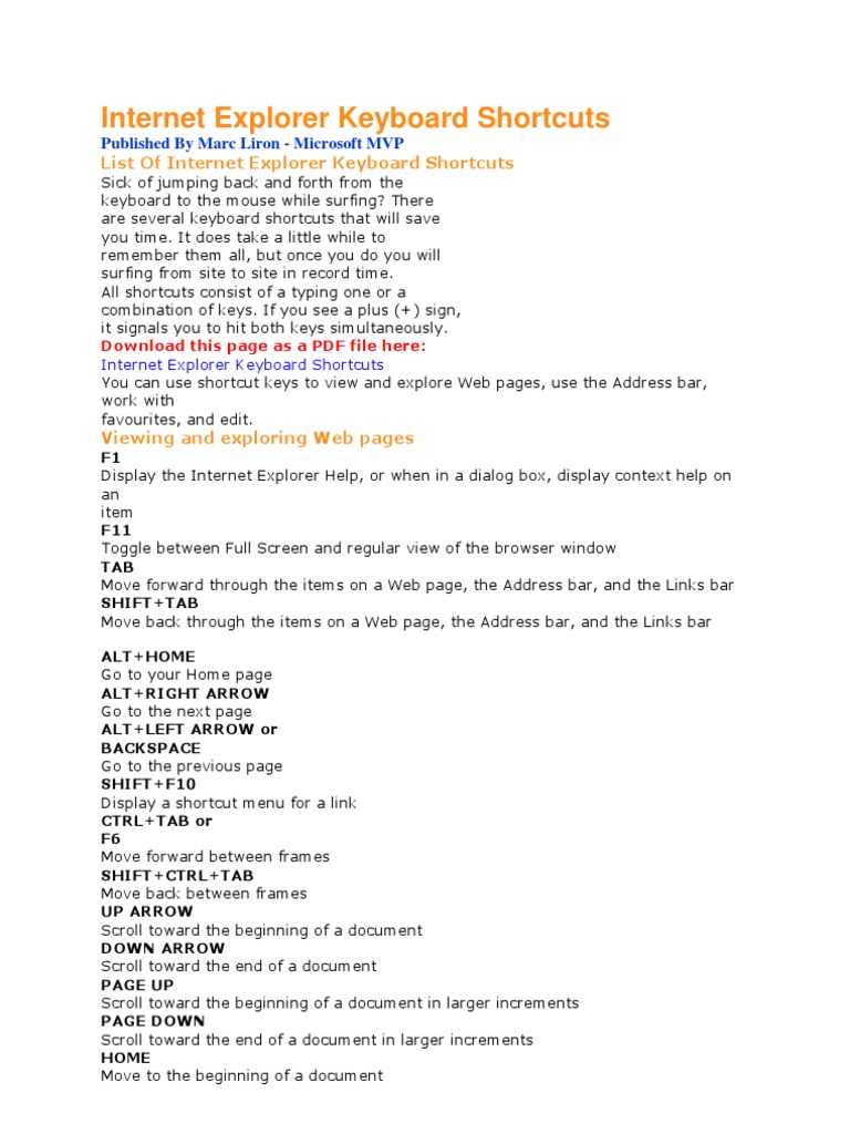 Internet Explorer Keyboard Shortcuts | Download Free PDF | Computer ...