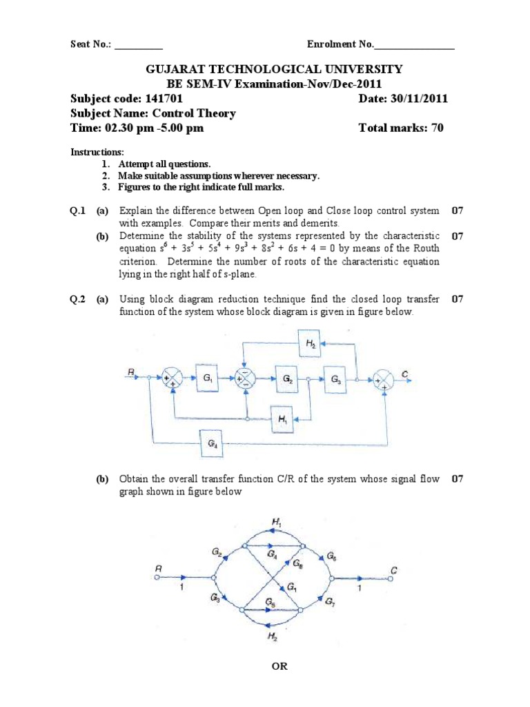 Control Theory Exam with Questions on Open and Closed Loop Systems, Stability Analysis, Transfer ...