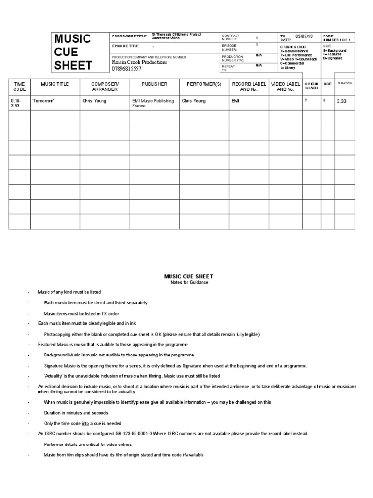 Music Cue Sheet for Awareness Video | PDF