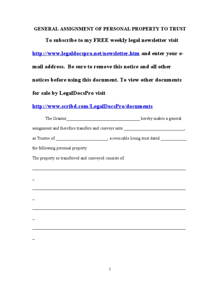 Sample General Assignment of Personal Property For California Living ...