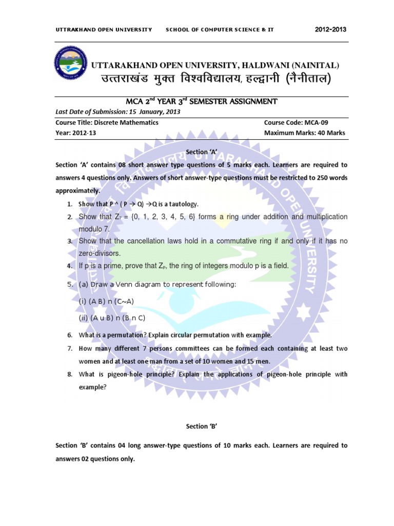 MCA Discrete Mathematics Assignment 2013 | PDF | Career & Growth