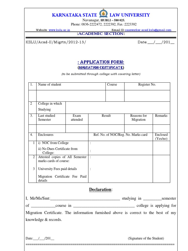 KSLU Migration Application Form | PDF | Academic Certificate | Academic Term