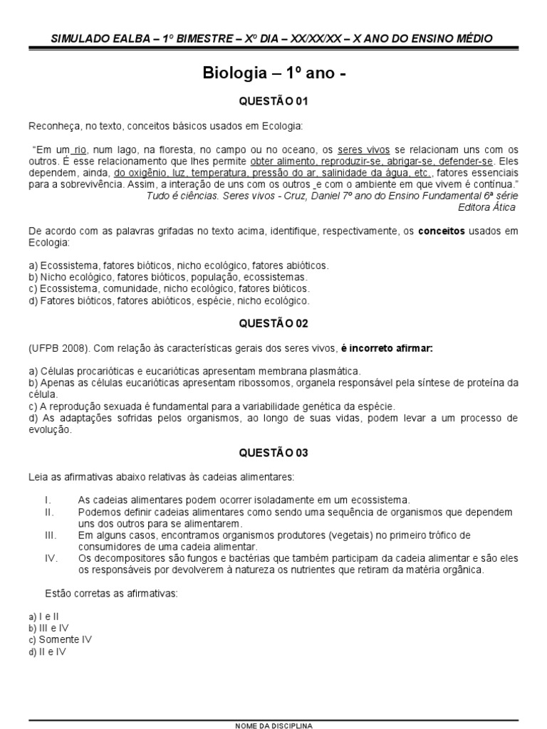 Prova Primeiro Ano Ensino Medio 1 H E 1 I Pdf Ecologia Combustão