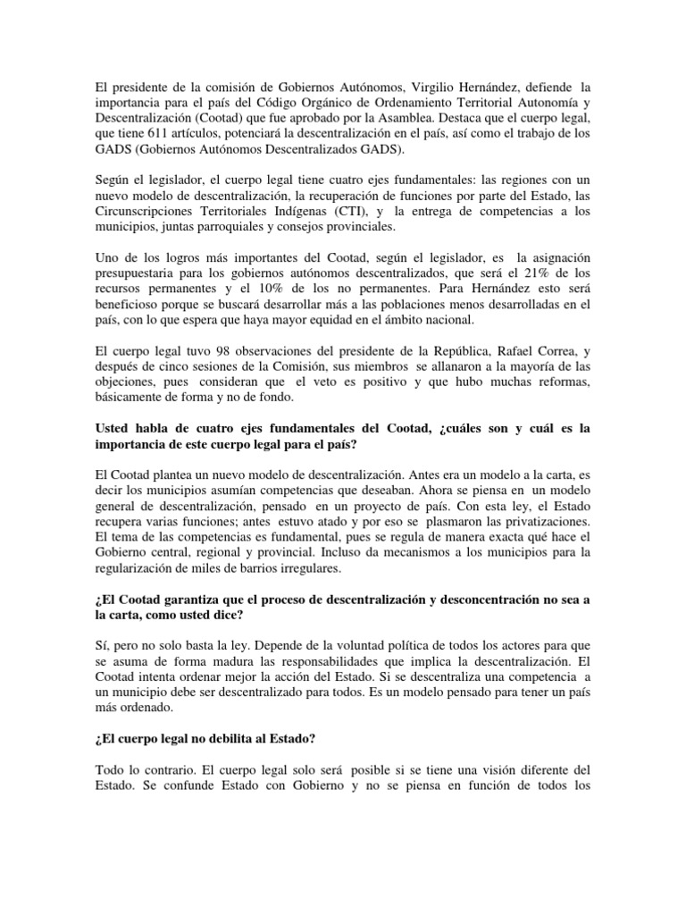 COOTAD | PDF | Ecuador | Estado (política)