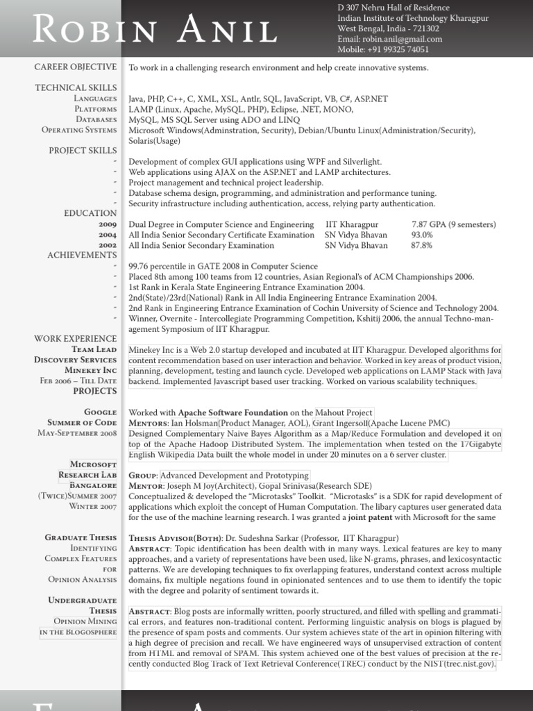 Robin Anil Resume | PDF | Software | Areas Of Computer Science