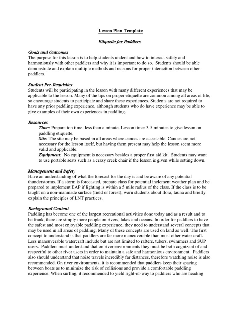 Etiquette For Paddlers Lesson Plan | PDF | Canoe | Lesson Plan