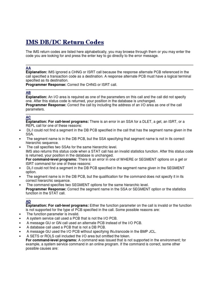 Ims Db Return Codes Pdf Programmer Parameter Computer Programming 5213