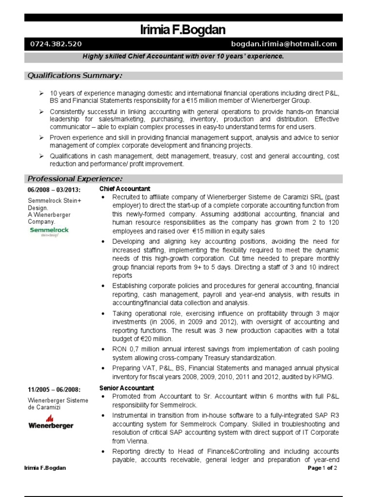 CV Irimia Bogdan - Chief Accountant | PDF | Accounting | Financial ...