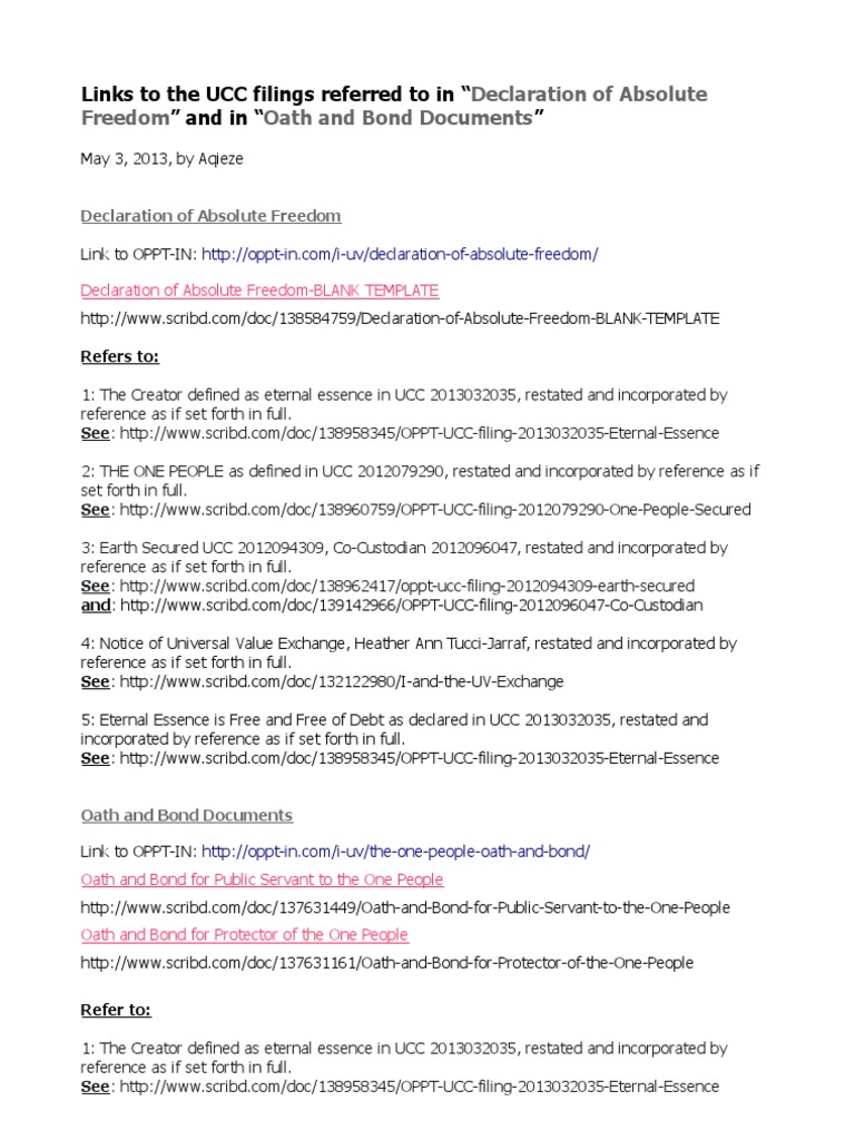 Links To The UCC Filings Referred To in "Declaration of Absolute Freedom" and in "Oath and Bond ...