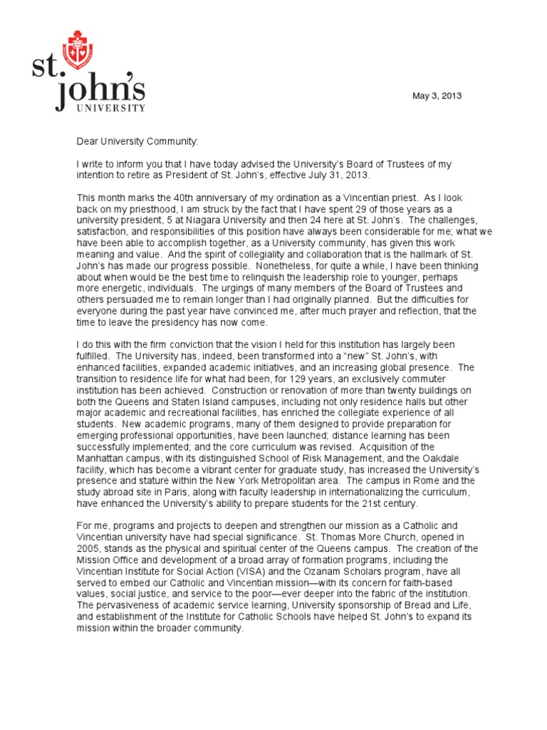 Letter From Fr. Donald Harrington To St. John's University | PDF ...