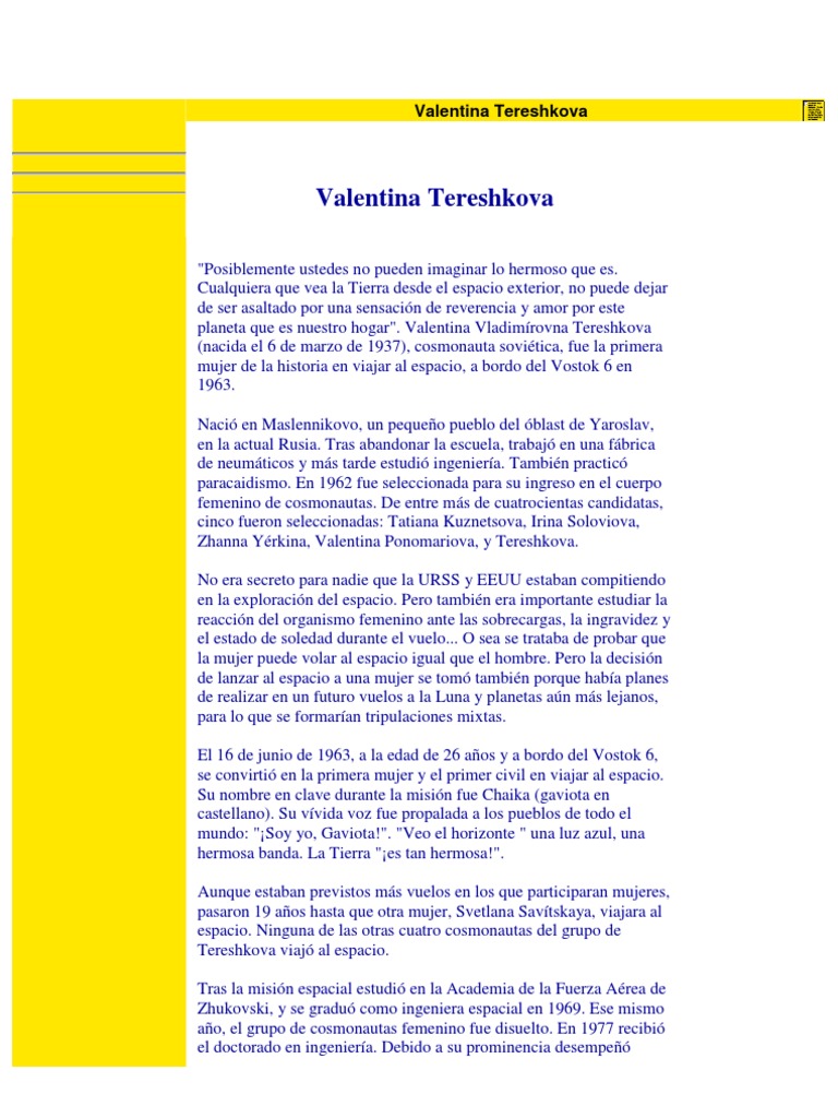 Valentina Vladimírovna Tereshkova | PDF | Espacio exterior | Vuelo espacial