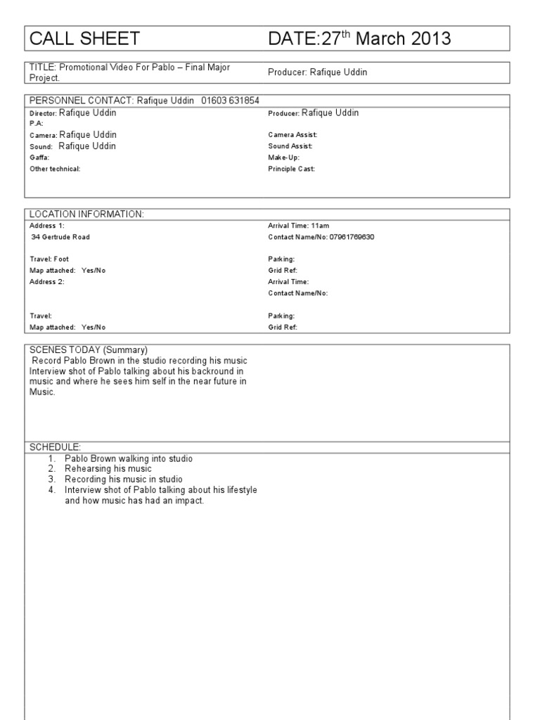 Promotional Video Call Sheet for Pablo | PDF