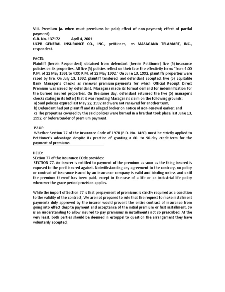 Effect of Non-Payment and Partial Payment of Insurance Premiums: When ...