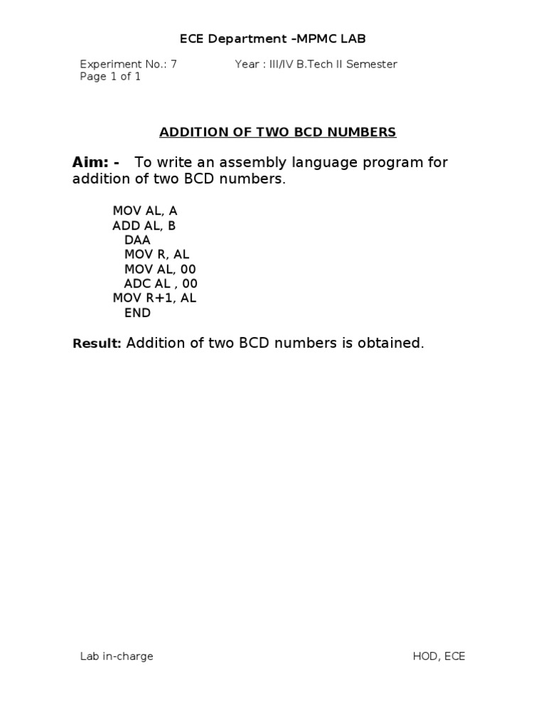 BCD Addition Assembly Program | PDF | Computers