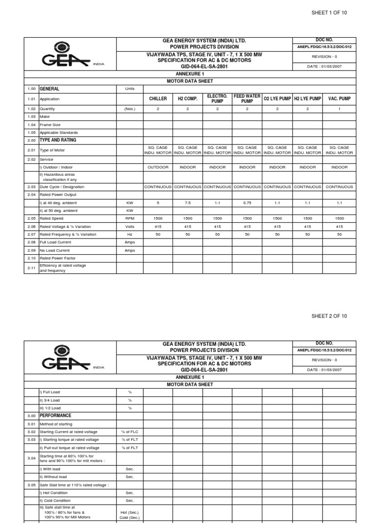 Motor Data Sheet | PDF | Voltage | Electric Current