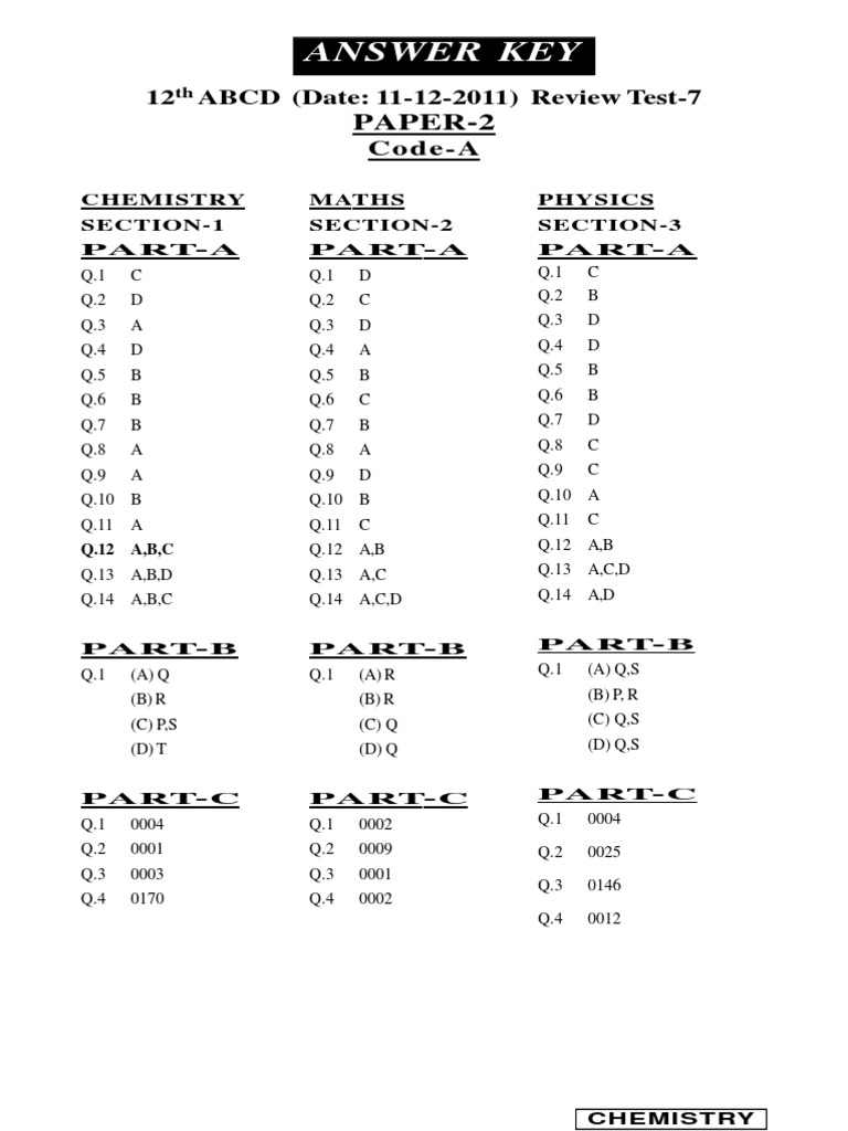 12th ABCD Review Test-7 Answer Key | PDF | Chemistry | Physical Sciences