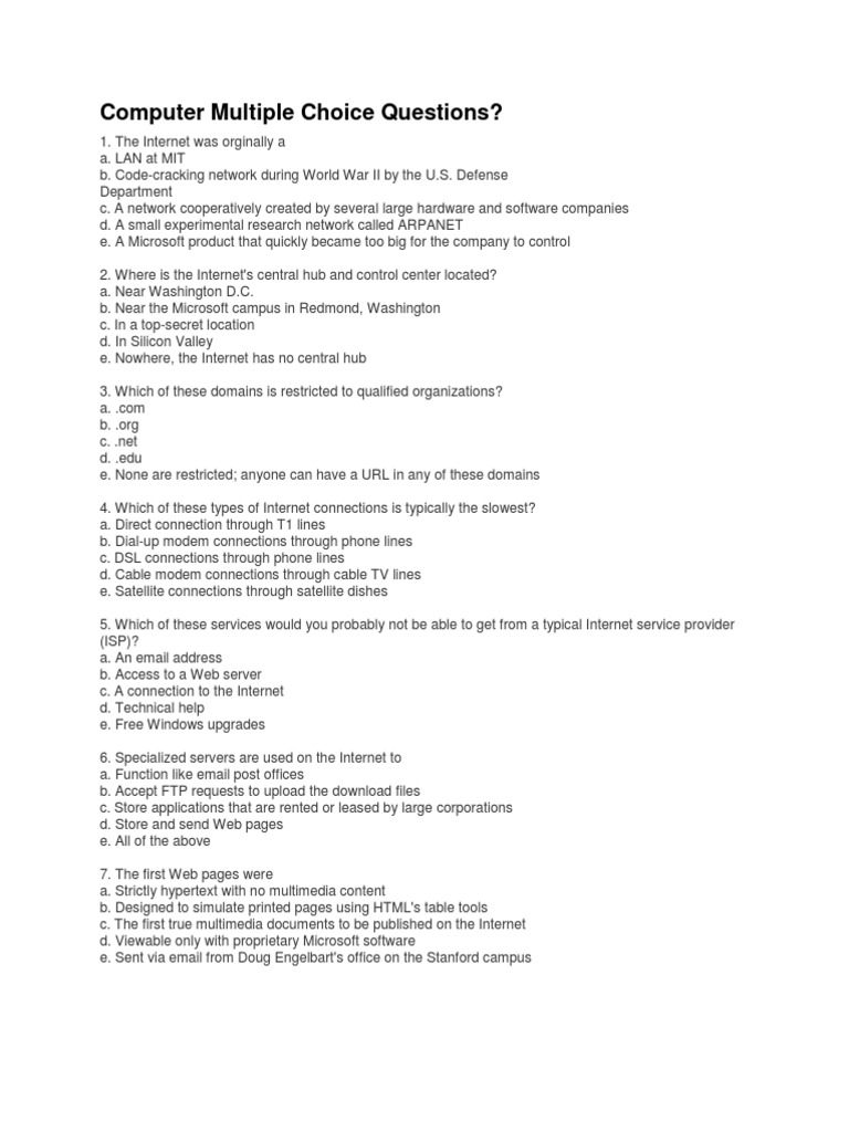 Computer Multiple Choice Questions | Download Free PDF | Internet | Email