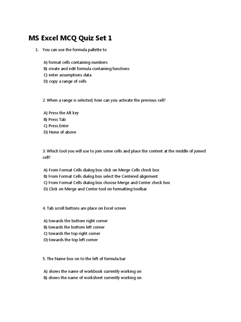 MS Excel MCQ Quiz Set 1 | PDF | Microsoft Excel | Software
