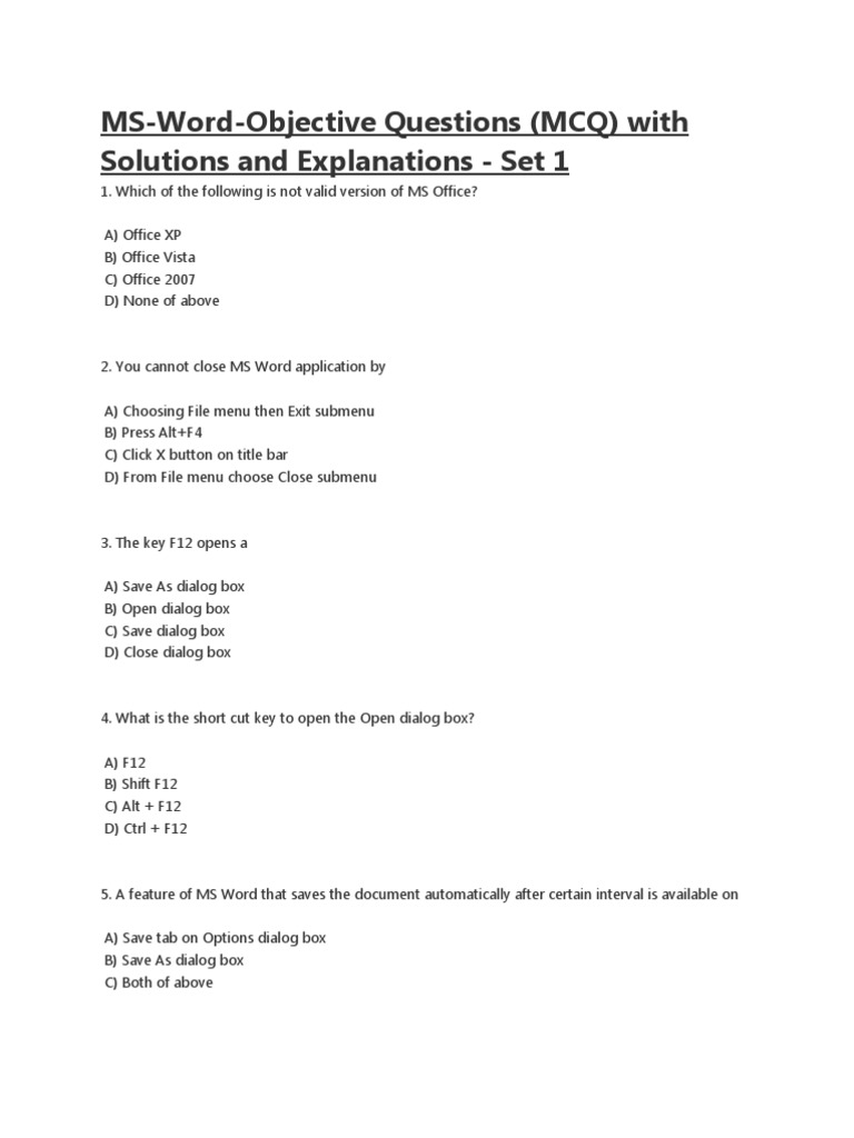 MS-Word-Objective Questions (MCQ) With Solutions and Explanations - Set ...