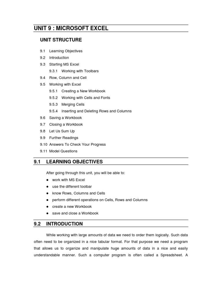 Unit 9 Microsoft Excel | PDF | Microsoft Excel | Spreadsheet