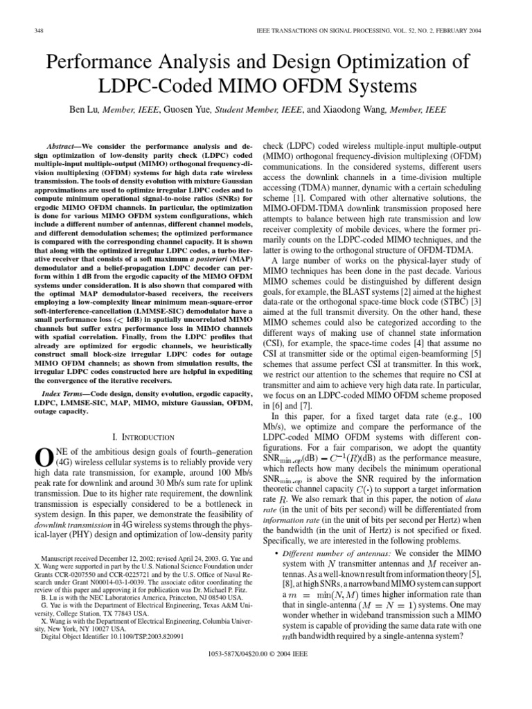 Performance Analysis And Design Optimization Of Ldpc Coded Mimo Ofdm Systems Pdf Mimo Low