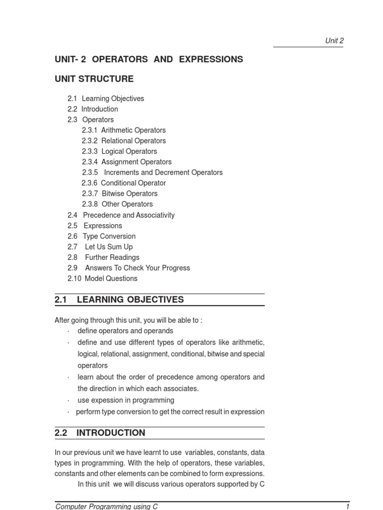 Unit 2 - Operators and Expressions | PDF | Division (Mathematics) | C (Programming Language)