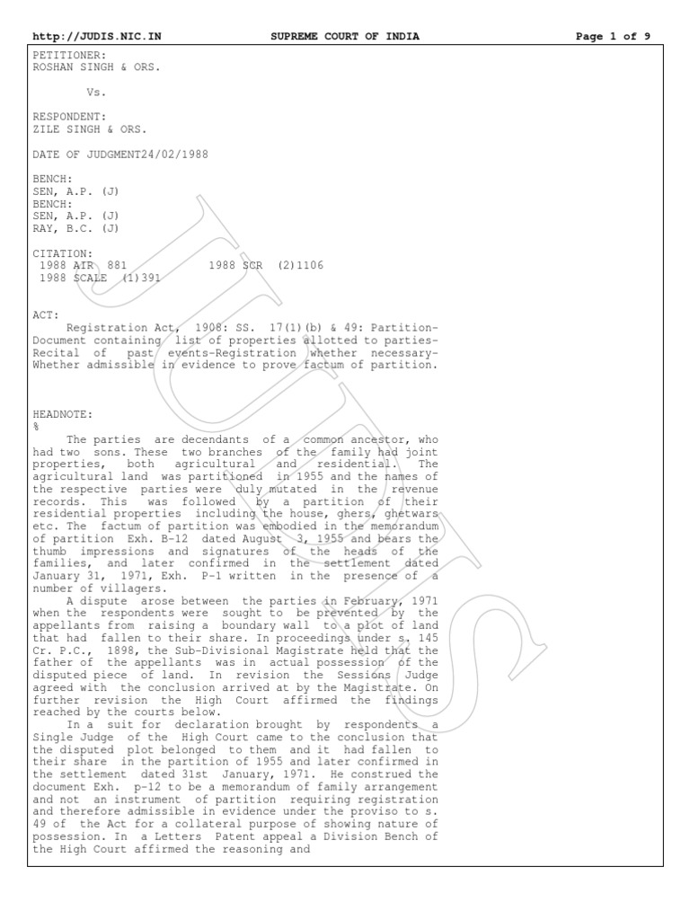Which Partition Deed Requires Registration 1988 SC | PDF | Deed | Lawsuit