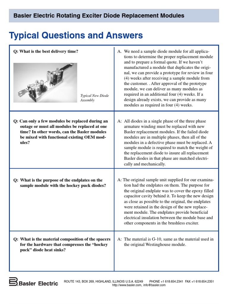 Typical Questions and Answers: Basler Electric Rotating Exciter Diode ...