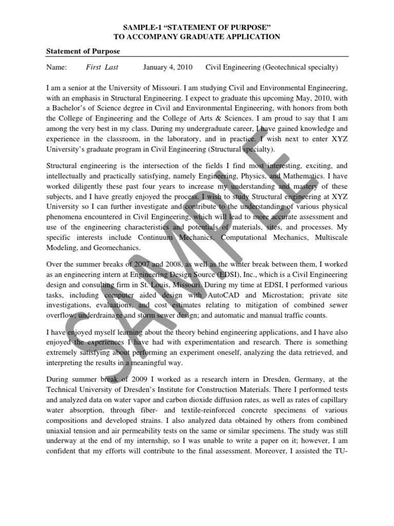 First Last: Sample-1 "Statement of Purpose" To Accompany Graduate ...