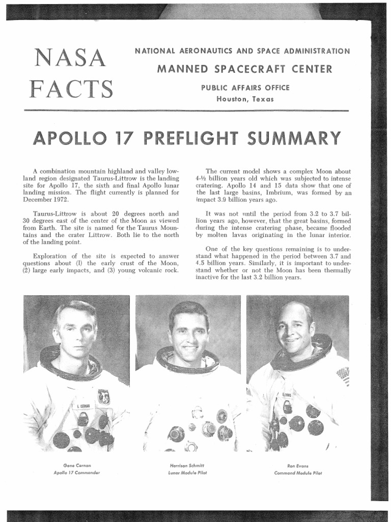 NASA Facts Apollo 17 Preflight Summary | Apollo Program | Moon