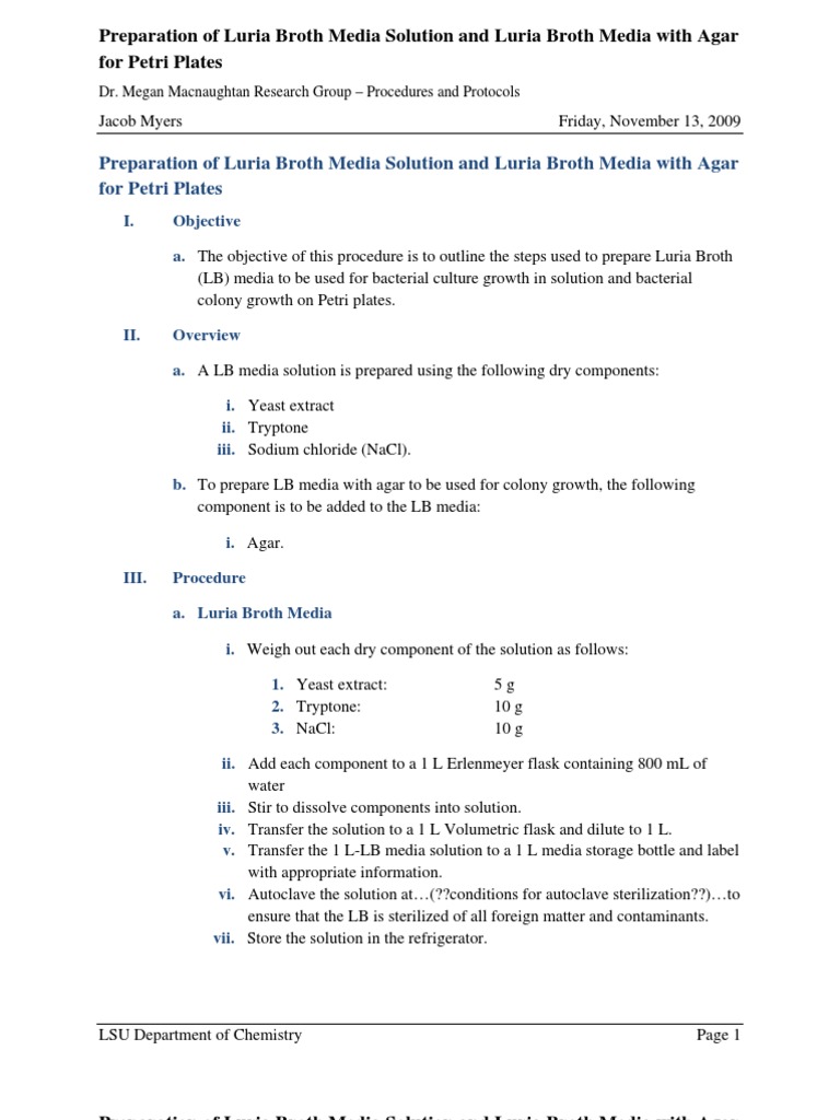 Preparation of Luria Broth Media Solution and Agar Plates for Bacterial ...